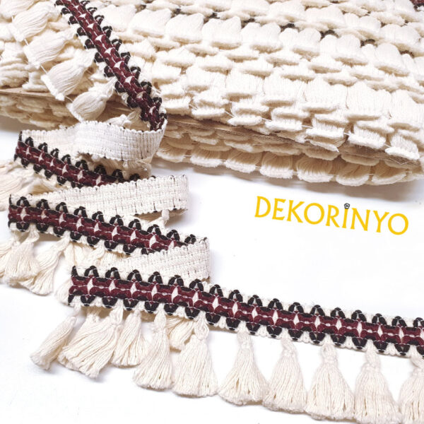 Desenli Krem Renk Şerit Püskül - Döşemelik Kumaş | Dekorinyo